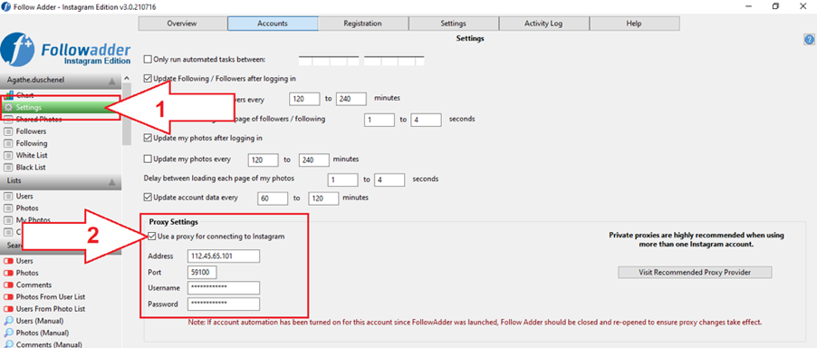 Step-by-step proxy setting in FollowAdder Instagram bot